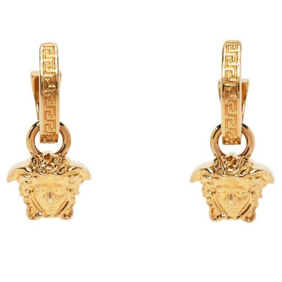 Versace | Jewelry | Medusa Greca Logo Dangled Gold Tone Earrings | Poshmark
